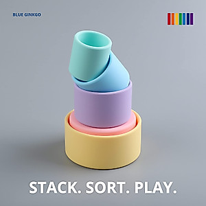 BLUE GINKGO Silicone Stacking Cups – Nesting & Sensory Stacking Toy for Toddlers | Open-Ended Montessori Toy with 5 Cups (Pastel Colors)
