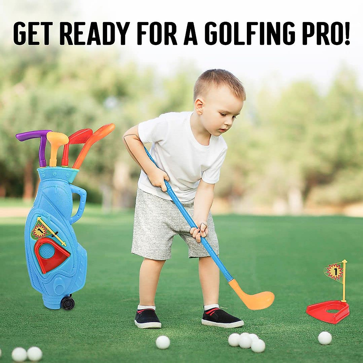 High Bounce Kids Golf Clubs, Toddler Golf Set, 2 Golf Carts, 3 Golf Clubs, 1 Practice Hole, and 6 Balls, for 2+ Year Old Boys and Girls - Toddler Golf Play Set, Mini Golf Game, Outdoor Sports Toy