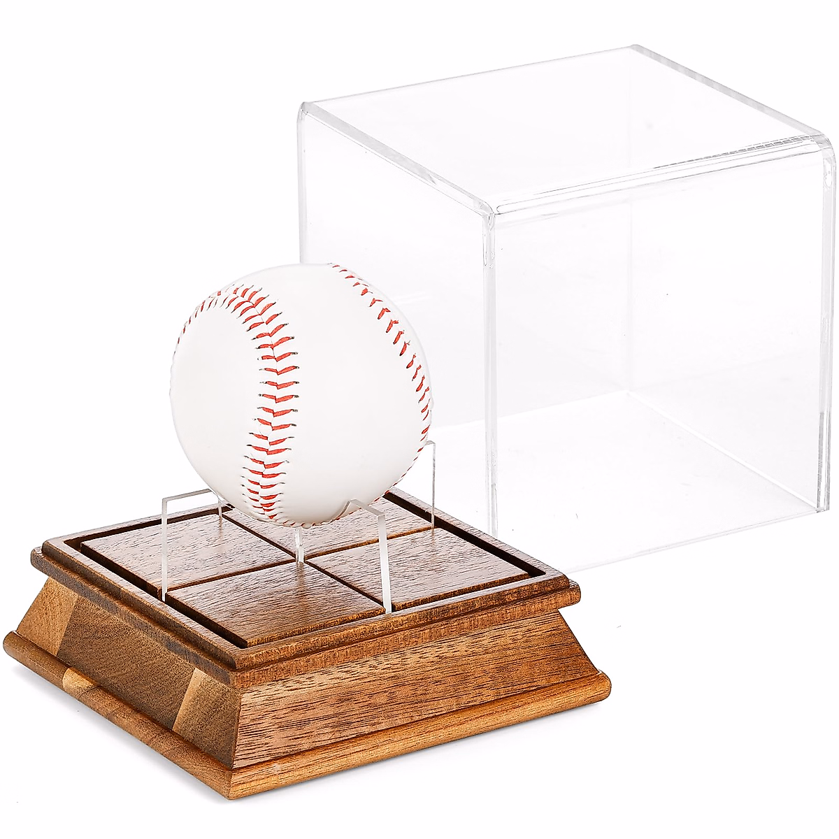 Tebery Baseball Display Case Wooden Stand, UV Protected Acrylic Cube Baseball Holder, Memorabilia Autograph Base Display Case with Clear Cover, Square Storage Stand Box, Fits Official Size Ball