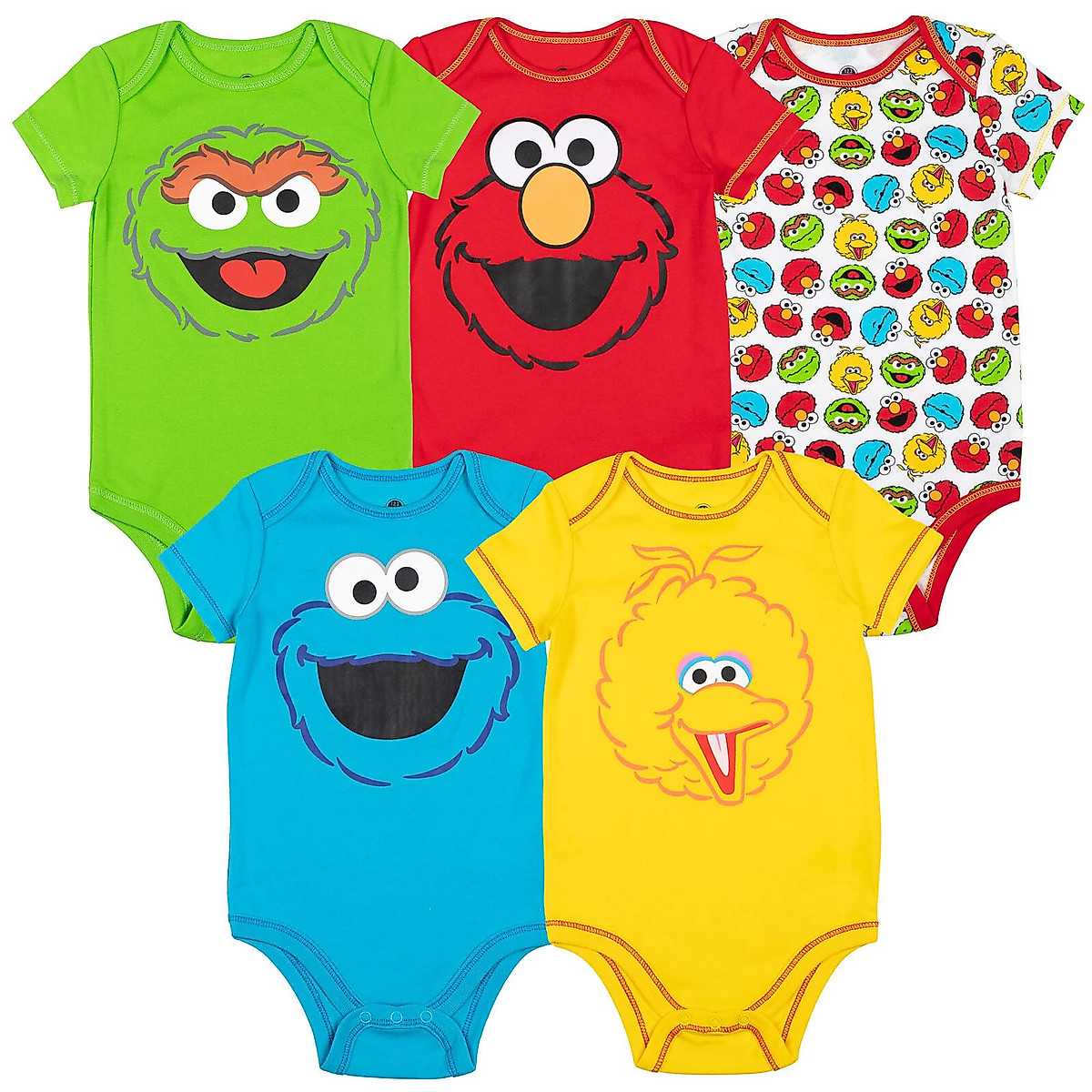 Sesame Street Elmo Cookie Monster Oscar the Grouch Big Bird Infant Baby Boys 5 Pack Bodysuits White 24 Months