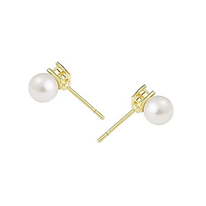 Magna Bijoux 14k Gold Plated Brass Pearl Stud Earrings with CZ Top (6mm Pearl, Gold)
