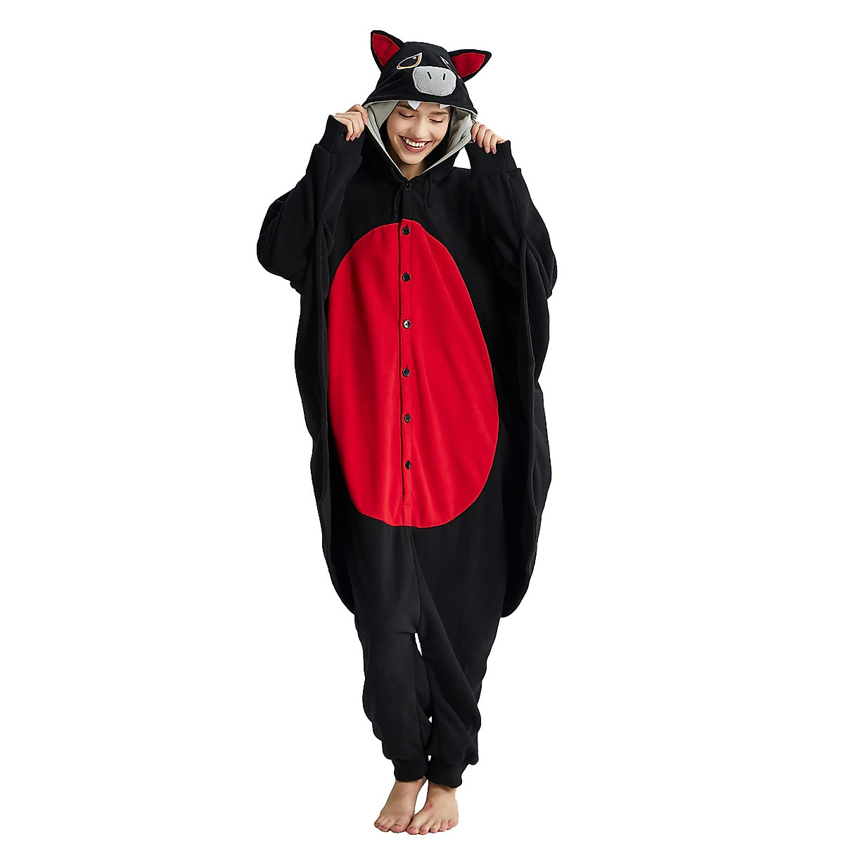 Kgromfy Black Bat Onesie Adult Halloween Animal Cosplay Outfits One Piece Costumes Party Jumpsuit Homewear M