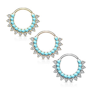 Covet Jewelry Turquoise and CZ Double Lined Bendable Hoops for Ear Cartilage, Daith, Nose Septum and More (16 GA, Length: 8mm, Platinum)
