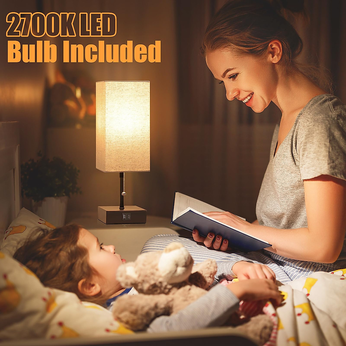 GGOYING Bedside Table Lamp, Pull Chain Table Lamp with 2 USB Charging Ports, 2700K LED Bulb, Fabric Linen Lampshade, Nightstand Lamp for Livingroom Bedroom Office Reading Working