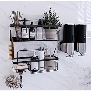 Shower Caddy Bathroom Organizer with Wall Mounted Bathroom Shower Pump Dispenser, Rustproof Stainless Steel Bathroom Shower Shelf, Shampoo and Soap Dispensers for Kitchen Bathroom Hotel, Black
