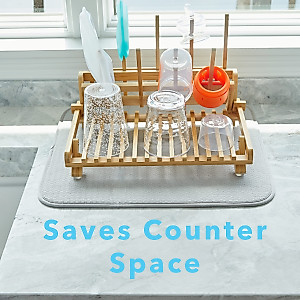 PopYum Space Saving Bamboo Drying Rack, Counter countertop Wood Folding Collapsible for Baby Bottle, Plastic Bag, Cup, Glass, Silicone, Dish, Water Bottle, Wooden, Compact, Accessories, Kitchen