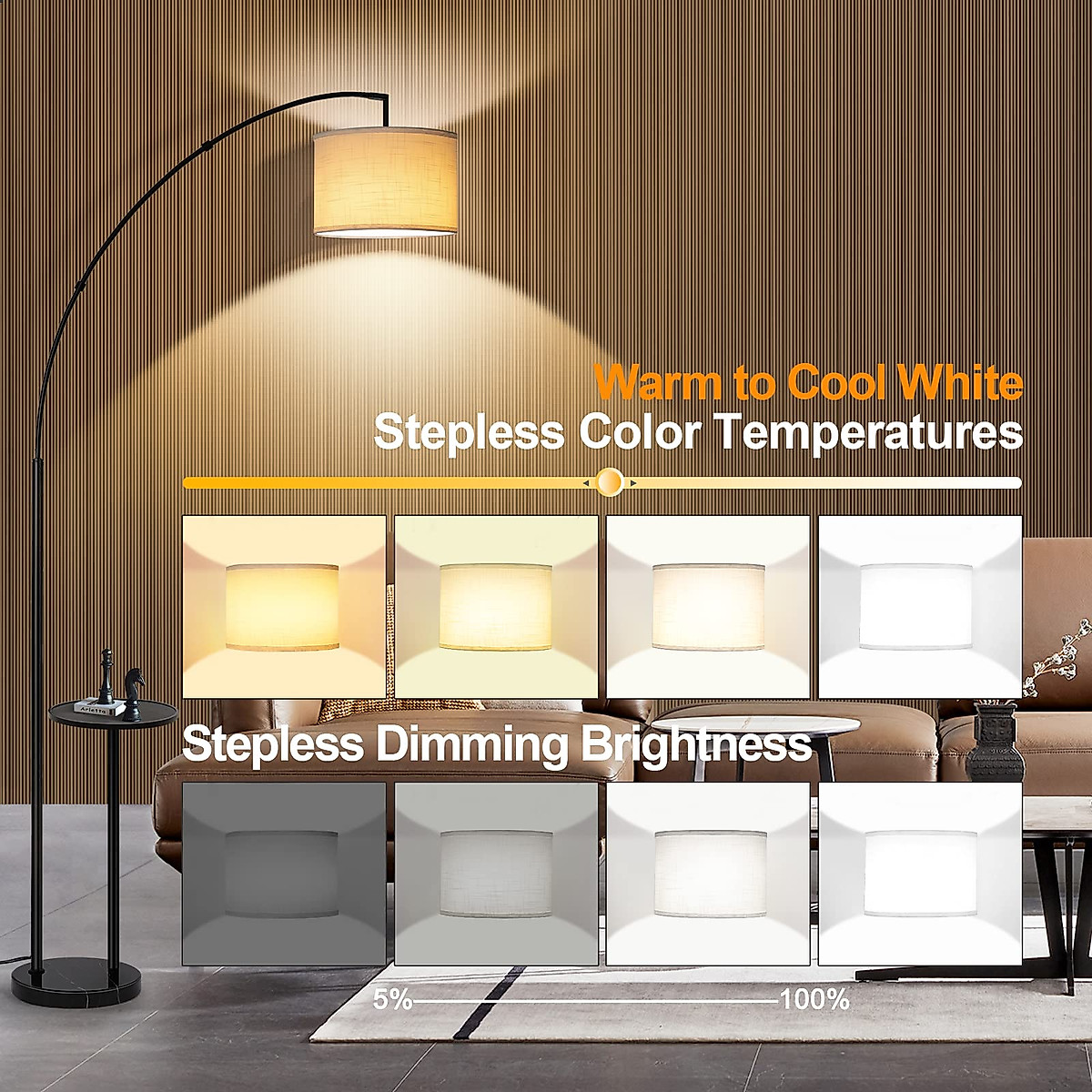 OUTON Arc Floor Lamp with Table and Marble Base, 81" Height LED Dimmable Floor Lamp with Remote & 4 Color Temperature, Tall Standing Lamp with Adjustable Hanging Drum Shade for Living Room, Bedroom