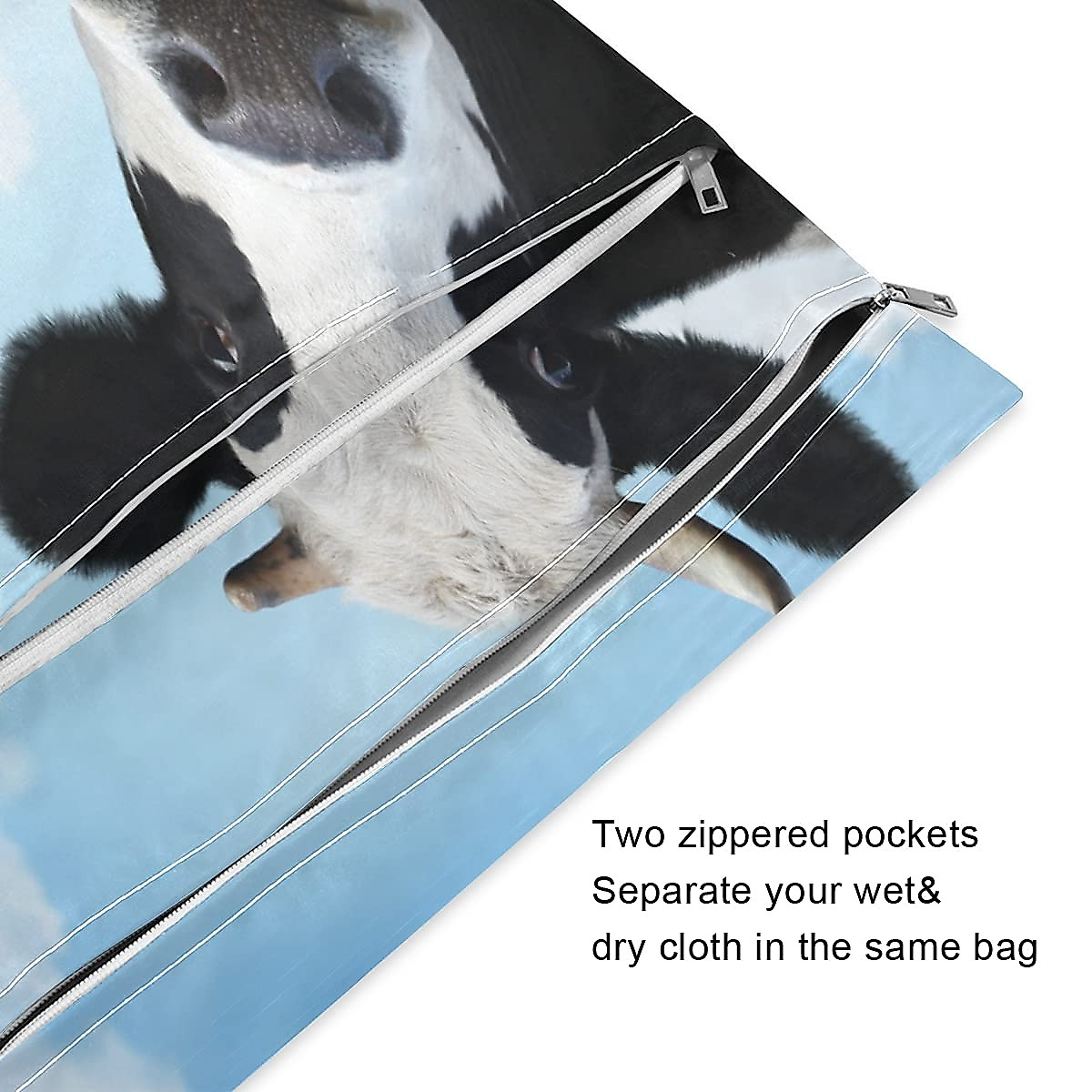 2pcs Farm Animal Cow Cloth Diaper Wet Dry Bag Waterproof Reusable Wet Dry Organizer,Green Grass Washable Wet Bag with Two Zippered Pockets for Travel Beach Gym Swimsuits Toiletries