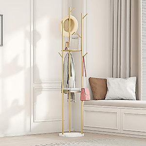 HKaikzo Gold Coat Rack Stand, Metal Coat Racks Tree Hanger Freestanding with 3 Storage Shelves and 9 High-grade Hooks and Stable Marble Base, for Jackets、Hat、Umbrella