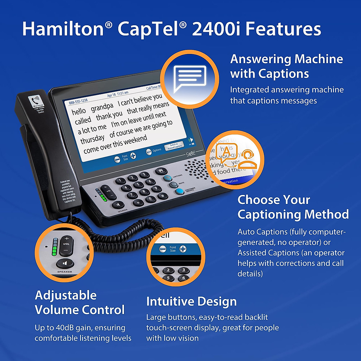 Hamilton CapTel 2400i Captioned Telephone Large Touch-Screen Captioned Telephone with 40dB Amplification