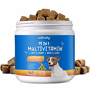 Dogs Multivitamin Chews, for Gut, Skin and Heart Health, Nutrition Supplements for Digestion, Immune System, Dog Treats with Glucosamine, Probiotic, Chondroitin and Hemp Oil, 120 Chews, Duck Flavor