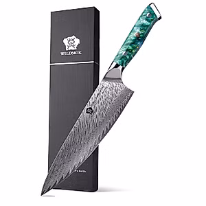 WILDMOK Chef Knife, 8 inch Damascus Japanese Kitchen Cooking Knife,Japanese VG10 Steel Green Resin Handle kitchen knives,Damascus chef's knives Including Gift Box