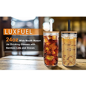 Luxfuel 24oz Wide Mouth Mason Jar Drinking Glasses with Bamboo Lids and Straws,2 Pack Reusable Glass Boba Tea Cup for Smoothie,Iced Coffee,Water,Juice, Pearl Milkshake,Dishwasher Safe, BPA Free