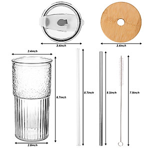 Moretoes Glass Cups with Lids and Straws, 20 oz Glass Tumbler with Lid and Straw Iced Coffee Cup, Glass Cups for Juice Water Smoothie, Glass Drinking Set of 4