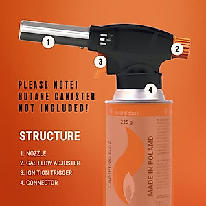 GLOBUS Butane Torch Head Adjustable Flame - Refillable Kitchen Cooking Torch with Safety Lock - Torch for Baking, Creme Brulee, Sous Vide, BBQ, Jewelry, Crafts, Soldering