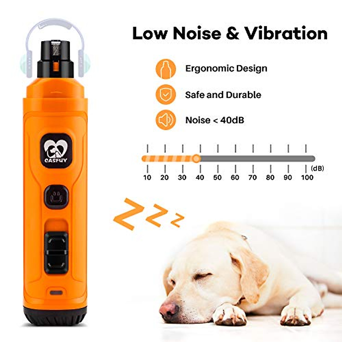 Casfuy Dog Nail Grinder with 2 LED Light - New Version 2-Speed Powerful Electric Pet Nail Trimmer Professional Quiet Painless Paws Grooming & Smoothing for Small Medium Large Dogs and Cats (Orange)