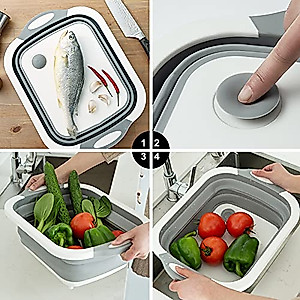 Collapsible Cutting Board, HI NINGER Chopping Board with Towel Kitchen Foldable Camping Dishes Sink Space Saving 3 in 1 Multifunction Storage Basket for BBQ Prep/Picnic/Camping (Grey)