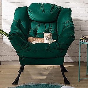 AcozyHom Modern Cotton Fabric Lazy Chair, Accent Contemporary Lounge Chair, Single Steel Frame Leisure Sofa Chair with Armrests and A Side Pocket, Thick Padded Back, Velvet Green