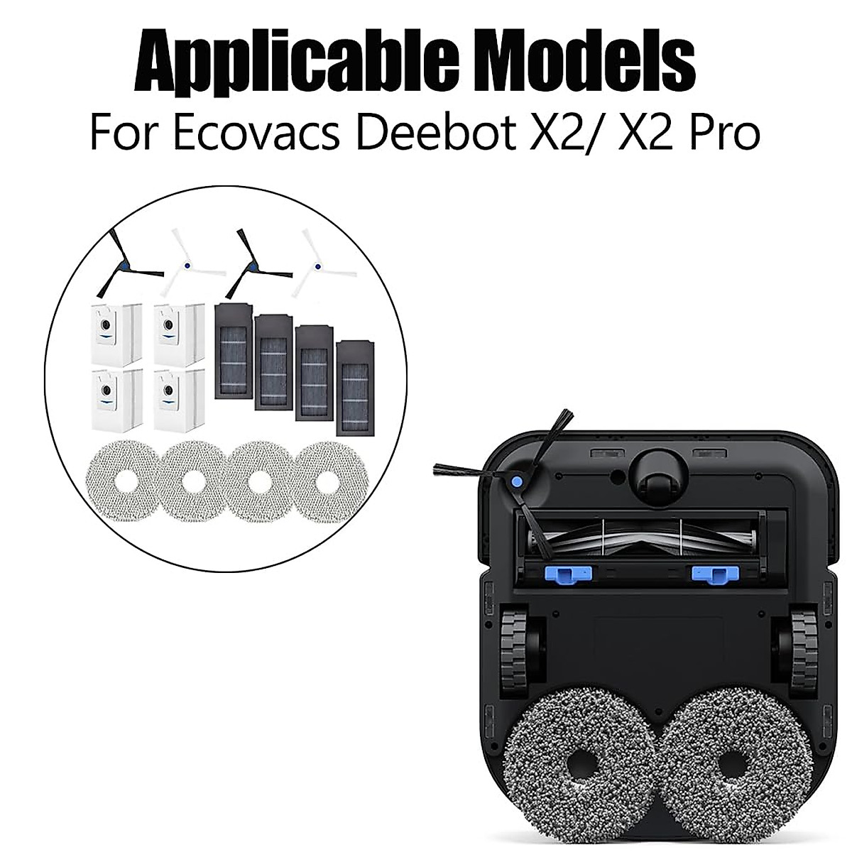 16Pcs Spare Parts Accessories Kit for Ecovacs Deebot X2/ X2 Pro Robot Vacuum Cleaner, 4 x Dust Bags 4 x Mop Clothes 4 x Filters 4 x Side Brushes