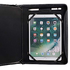 XIAOZHI Black Leather Portfolio with Notepad Space for 10.2-inch / 10.5-inch / 11-inch iPad, Padfolio Case Business Zippered Organizer Document Folder with Letter Size Notepad Holder