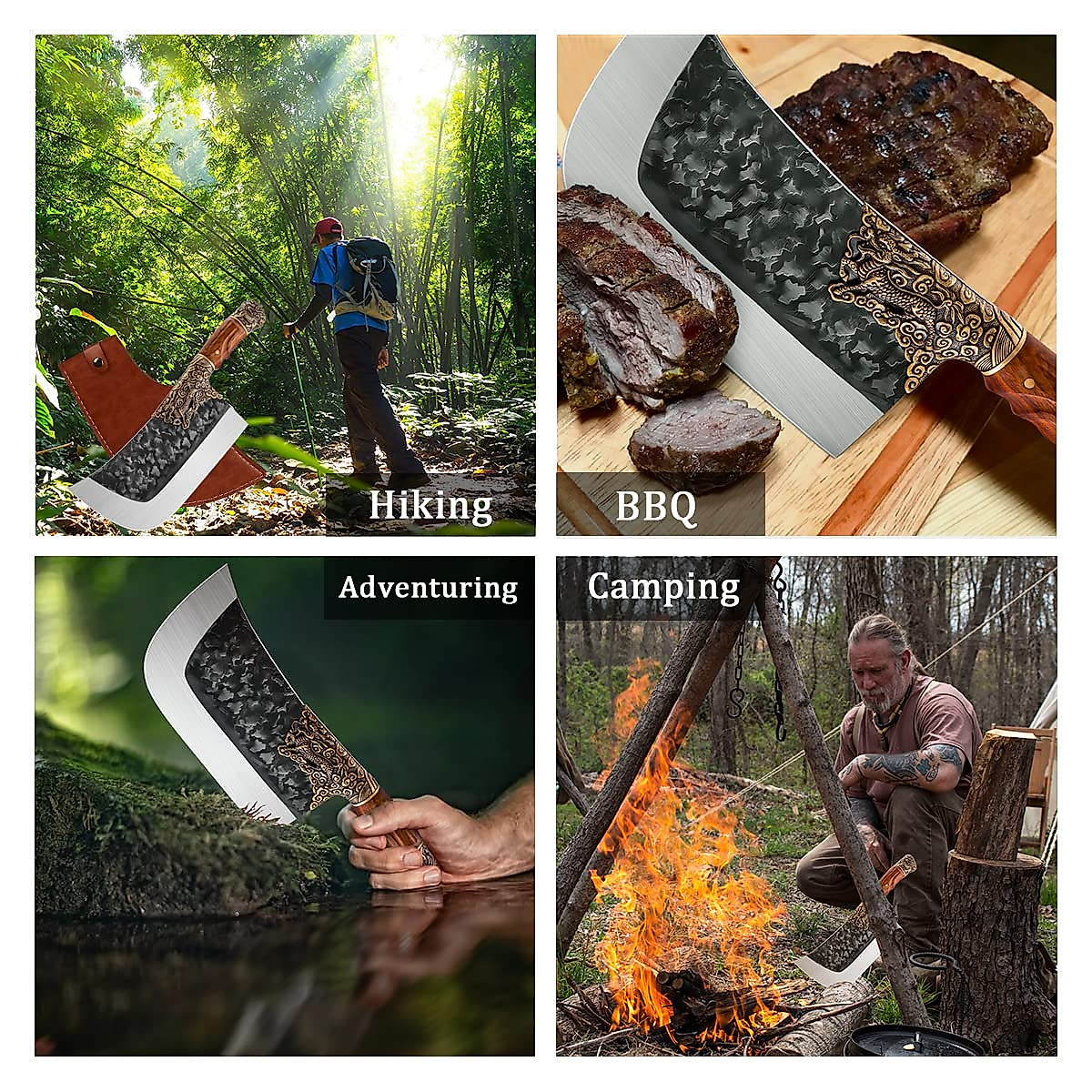 Purple Dragon Meat Cleaver Knife Heavy Duty Butcher Knife Hand Forged Professional Bone Chopper with leather sheath outdoor Knife High Carbon Steel Sharp for Home or Restaurant Gift Box