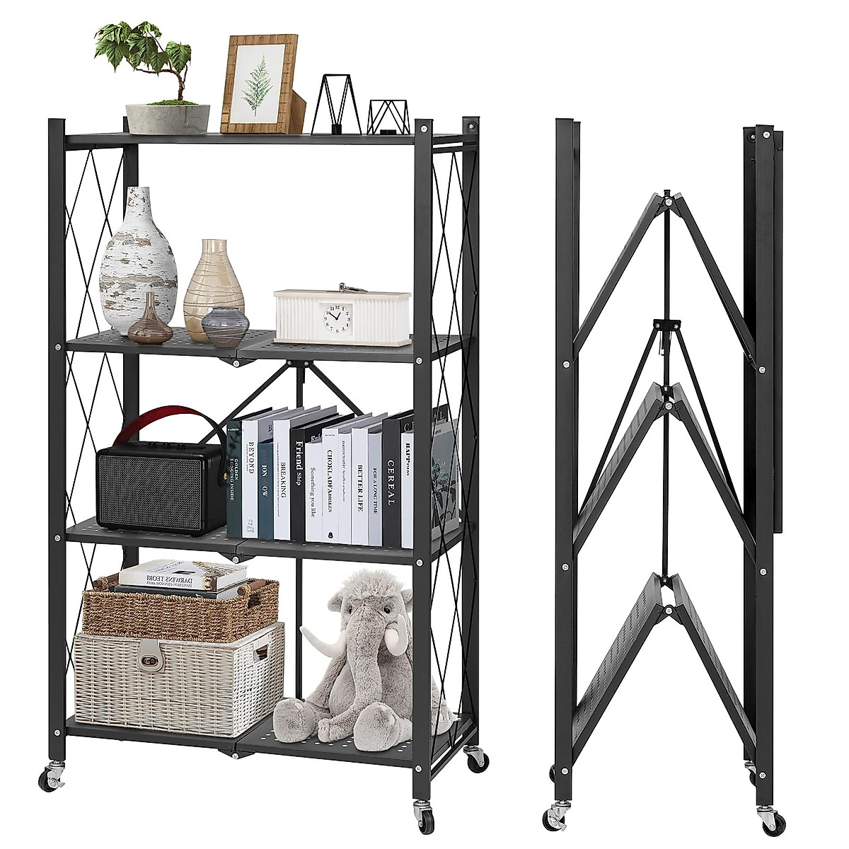 GARPROVM Foldable Storage Shelf Metal Rock Storage Shelving Units Organizer Shelves with Wheels Great for Home Garage Kitchen Bakers, Black (4 Tier)