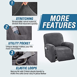H.VERSAILTEX Velvet Stretch Recliner Couch Covers 4-Pieces Style Recliner Chair Covers Recliner Cover for Reclining Chair Slipcovers Feature Non Slip Form Fitted Thick Soft Washable, Grey