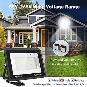 kelinvmi 150W LED Flood Light Outdoor, 900W Equivalent LED Security Light with Plug, 6500K High Brightness Outdoor Floodlights for Garage, Porch, Backyard, Garden, Playground
