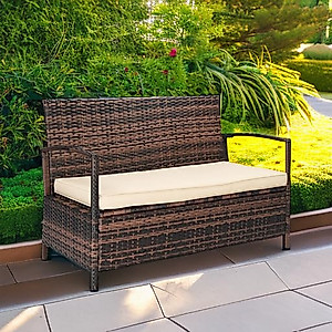 VINGLI 40 Gallon Outdoor Bench with Storage, Wicker Deck Box, Rattan Outdoor Storage Box, Patio Sofa Storage Bench with Cushion for Porch, Yard, Lawn, Garden (Brown)