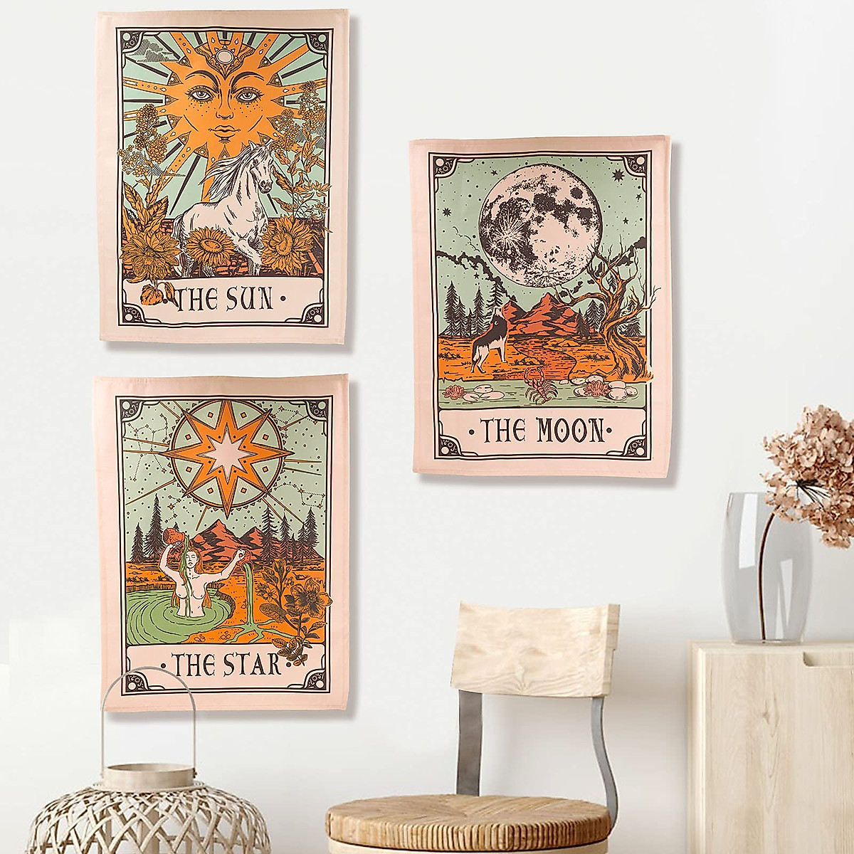 Accnicc 3 Pack Tarot Tapestry, Sun Moon and Star Tarot Card Tapestry, Brown and Beige Tapestry Wall Hanging, Vertical Vintage Aesthetic Wall Tapestry for Room with Steel Grommets (Brown, 20'' × 27'')