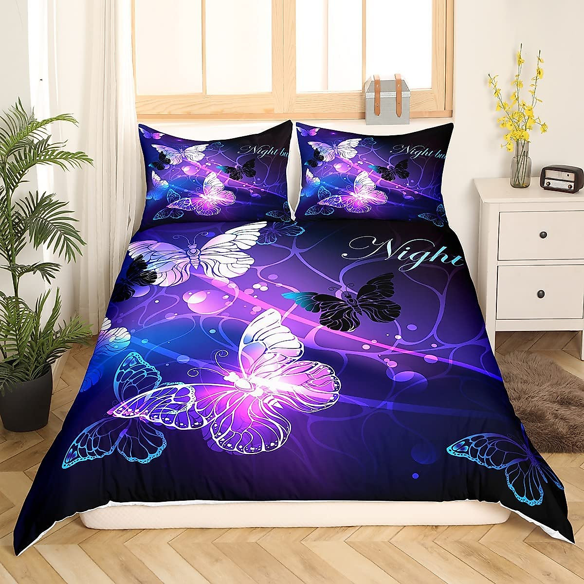 Butterfly Bedding Set, Fantasy Butterflies Fairy Monarch Inspiration Animal Dreamlike Night Garden Theme Comforter Cover, Decorative 3 Piece Duvet Cover With 2 Pillow Shams, King Size, Teal Purple