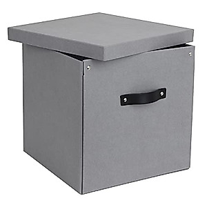 Bigso Logan Storage Box KD | Storage Cubes with Lid for Shelves and Cubical Room Organizers | Collapsible Storage Cube with Leather Handle for Organization | 12.4’’ x 12.4’’ x 12.2’’ (Grey)