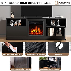 oneinmil Fireplace TV Stand for 75'' TV,65 Inch Modern TV Cabinet with 18 Inch Electric Fireplace, Wood Texture Storage Cabinet, Media Entertainment Center,Black