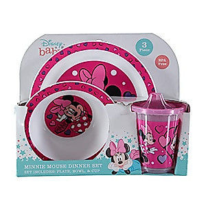 Minnie Mouse Dinner Set Box with Plate, Bowl, and Spill-Free Training Cup For Kids - Cute and Fun Disney Baby BPA Free Plastic Dinnerware Set Featuring Minnie Mouse for Boys and Girls - 3 Pieces Set