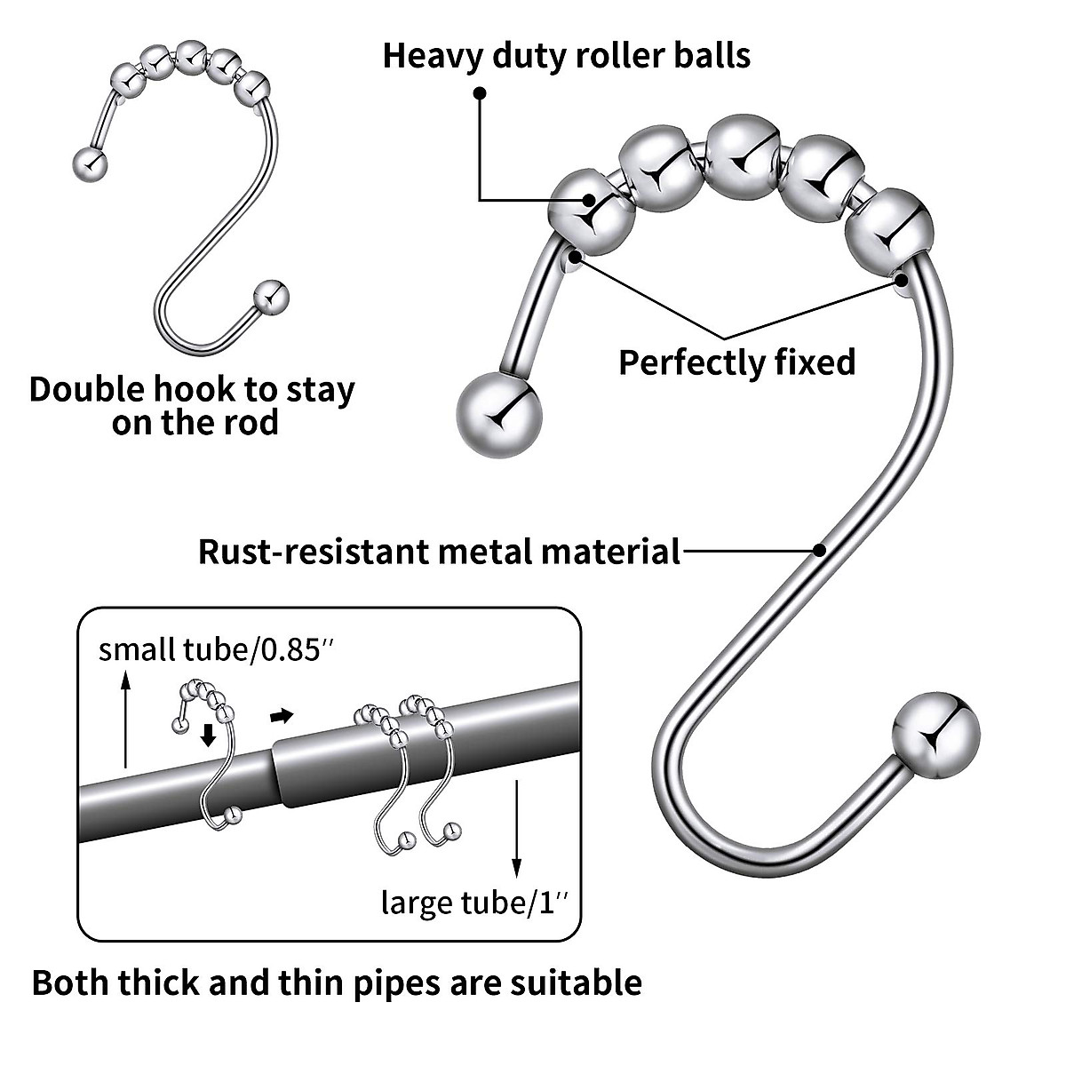 Hotop Stainless Steel Shower Curtain Hooks Rust Resistant Shower Curtain Hook Ring Bathroom S Shaped Hook Hanger for Kitchen Utensils, Shower Curtain, Clothes, Towels (12 Pieces)