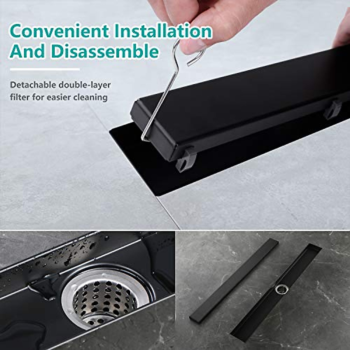 BARONAGE 24-Inch Linear Shower Drain, with 2-in-1 Flat & Tile, Insert Cover Black Brushed 304 Stainless Steel Rectangle Shower Floor Drain Adjustable