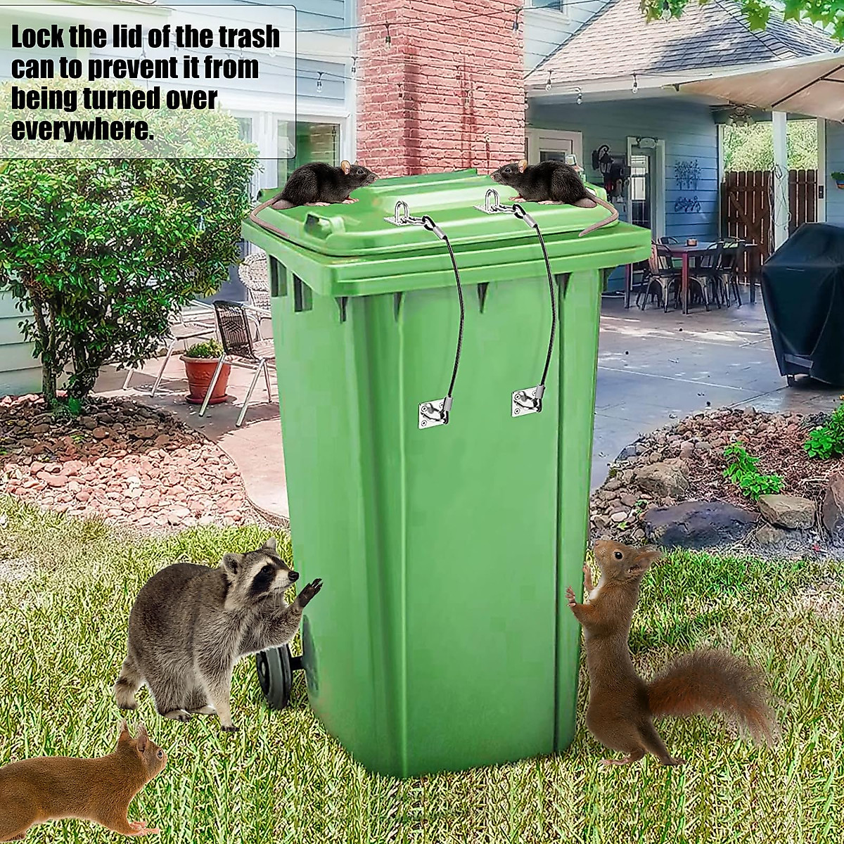2 Packs Trash Can Lock Heavy Duty Outdoor Garbage Trash Can Lid Lock Rubber Coated Wire Rope to Keep Trash Lid Closed, Prevent Animals from Rummaging