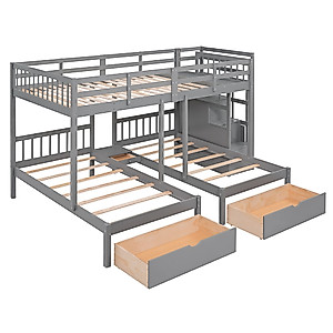 Harper & Bright Designs Triple Bunk Beds with Drawers, Wood Full Over Twin & Twin Bunk Bed with Storage Staircase, Triple Bed for Kids,3 Bed Bunk Beds with Storage for Girls Boys,Grey
