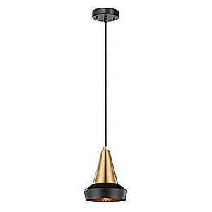Globe Electric Monte 1-Light Plug-in or Hardwire Pendant Lighting, Matte Brass, Matte Black Accent, Black Fabric Cord, Gold