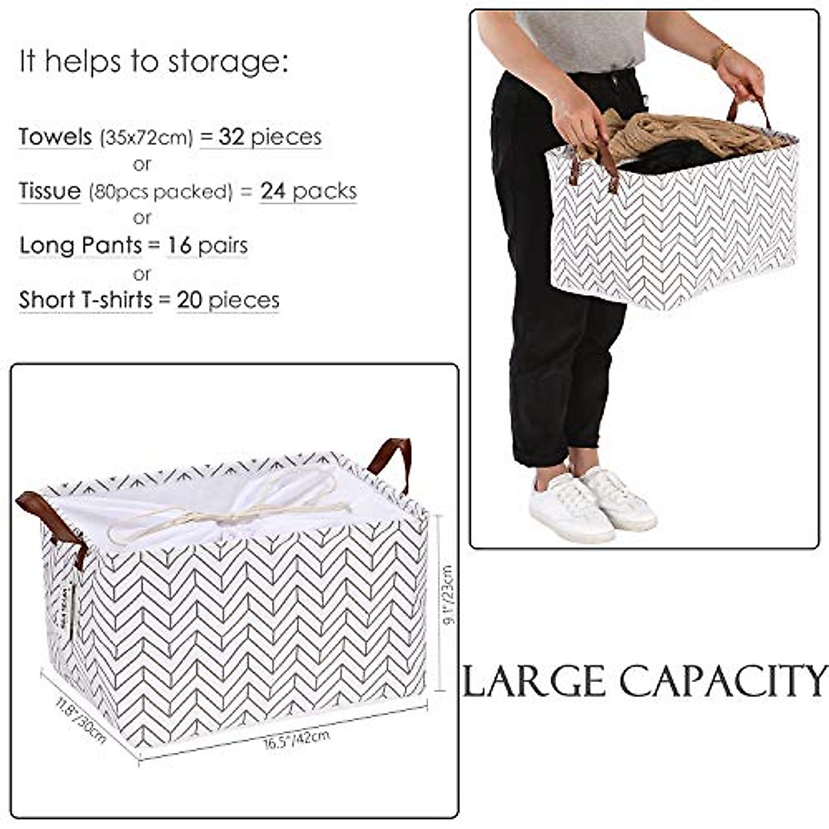 Sea Team Modern Arrowhead Pattern Canvas Fabric Storage Basket Collapsible Geometric Design Storage Bin with Drawstring Cover and PU Leather Handles, 16.5 by 11.8 inches, Waterproof Inner, Grey
