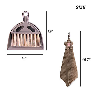 meioro Mini Broom Dustpan Set Cute Little Whisk Broom Hand Brush and Dust Pan, Small Cleaning Sweeper Broom for Desk Keyboard Car Camping Kids Cat Dog-Kitchen Towel Included (Brown)