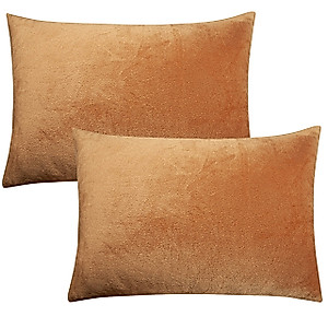 FLXXIE 2 Pack Standard Zipped Velvet Pillowcases, Soft and Cozy Solid Decorative Pillow Cases with Hidden Zipper for Bedroom, Sofa, Couch, 20x26 Inches, Camel