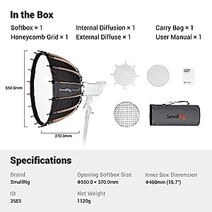 SMALLRIG Parabolic Softbox Quick Release, Parabolic Softbox, Compatible with SmallRig RC 120D/RC 120B/RC 220D/RC220B and Other Bowens Mount Light (21.6inch/55cm)
