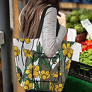 Sinestour Buttercup Anemone Flowers Reusable Grocery Bags Foldable Heavy Duty Shopping Tote Bag for Women with Pouch Eco Friendly Washable for Supermarket Gift