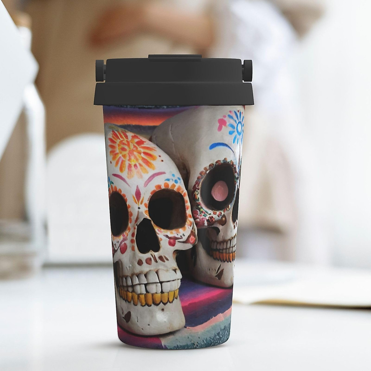 Insulated Coffee Mug Skull. 17oz Double Wall Vacuum Stainless Steel Tumbler With Leak-Proof Lid And Handle, Cute Travel Thermos Mug For Cold Hot Drinks