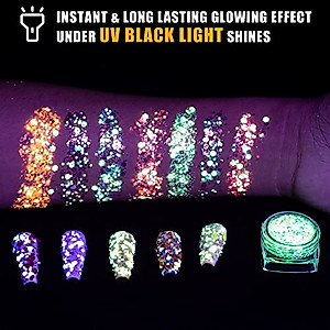 Glow in The Dark Body Face Glitter Gel, 12 Colors Luminous , Self-Adhesive UV Black Light Iridescent Chunky Glitter for Hair/Eyeshadow, Carnival Party Halloween Makeup