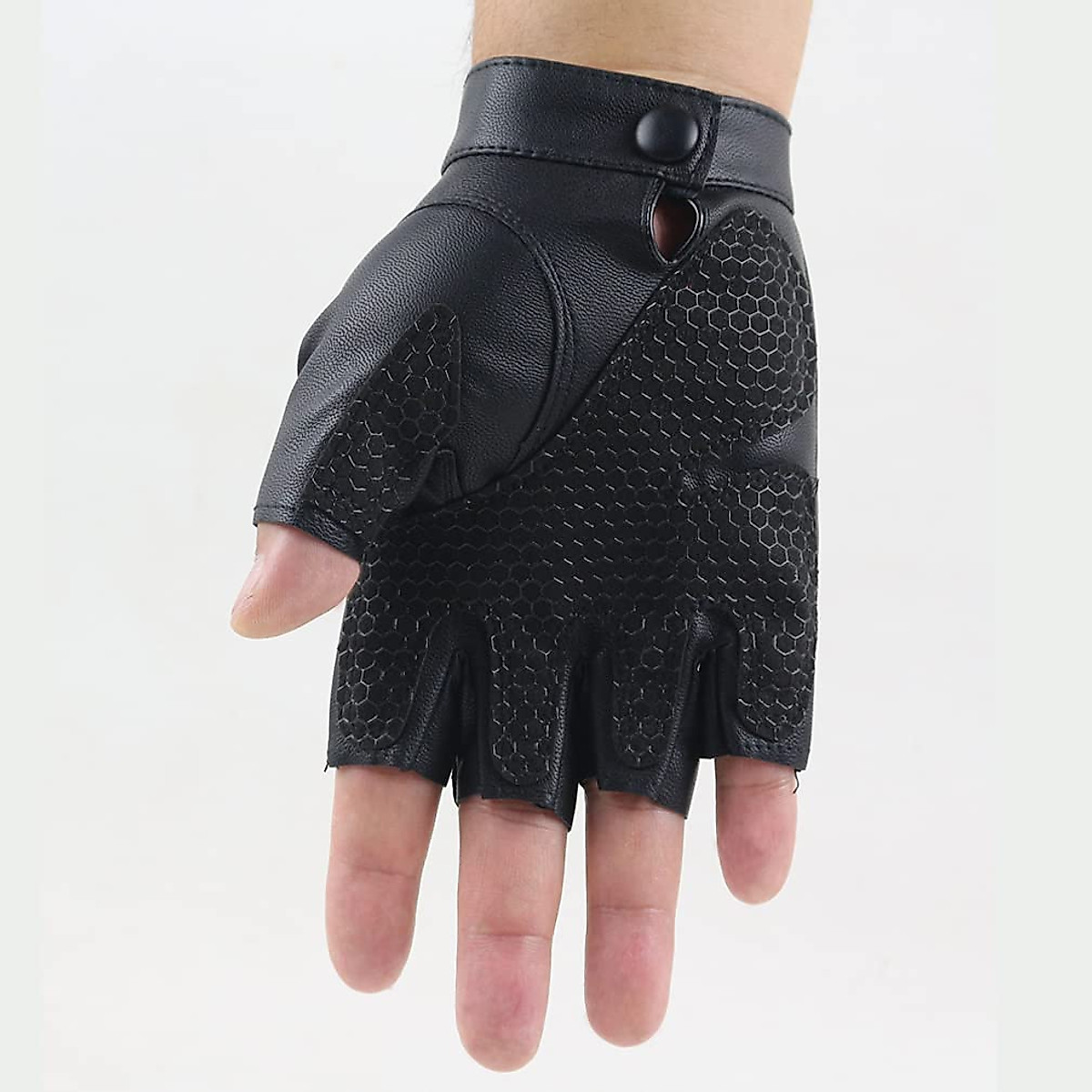 LJCZKA Fingerless Driving PU Leather Gloves Outdoor Sport Faux Half Finger with Anti-Slip Layer Glove for Men Women