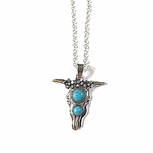 Silver Plated Longhorn Bull Skull Buffalo 2" Pendant, Faux Turquoise Cabochon Gift Boxed