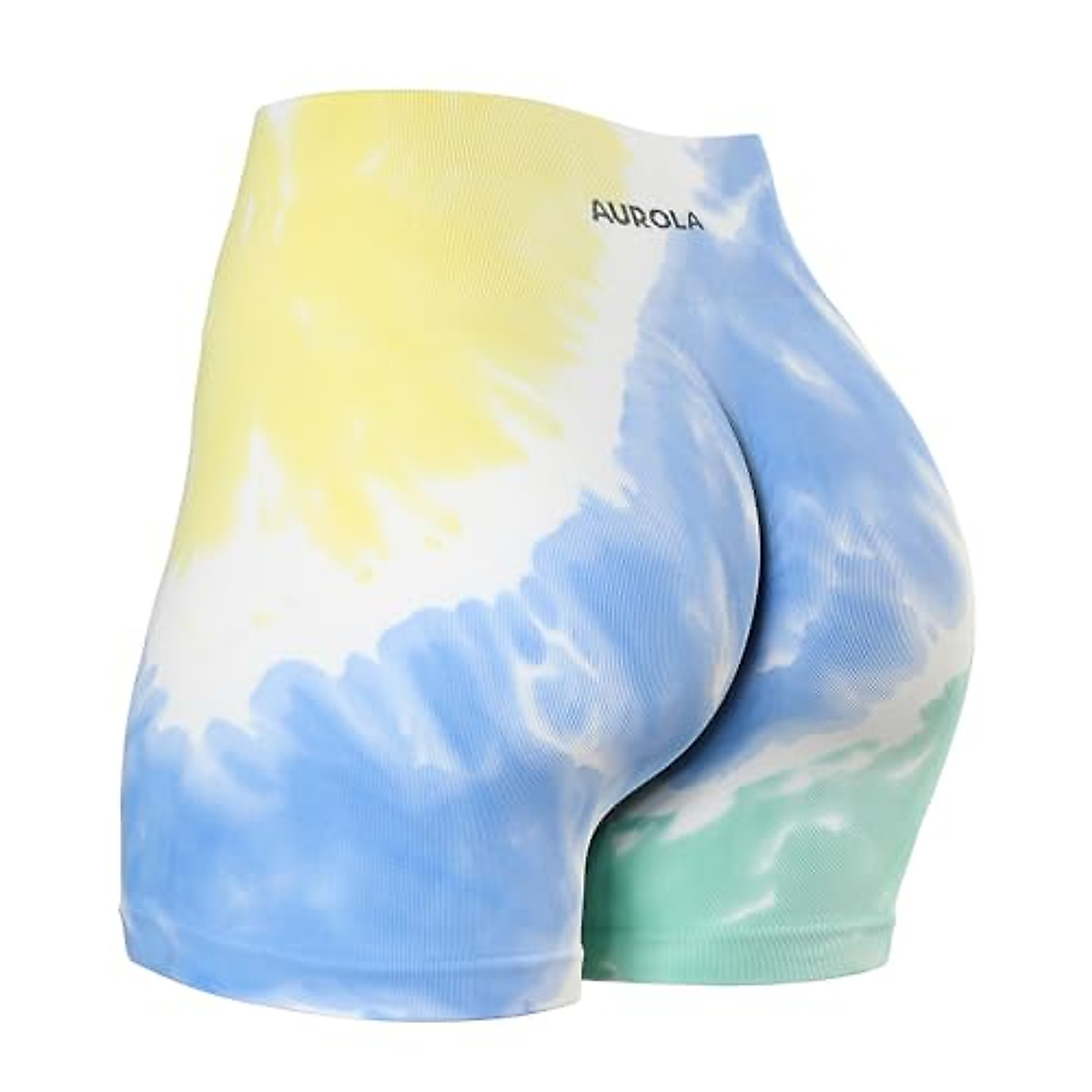 AUROLA Power Tie Dye Workout Shorts for Women Ribbed Thick Seamless Scrunch Active Fitness Short,#2 Tie Dye Yellow/Green/Blue,M