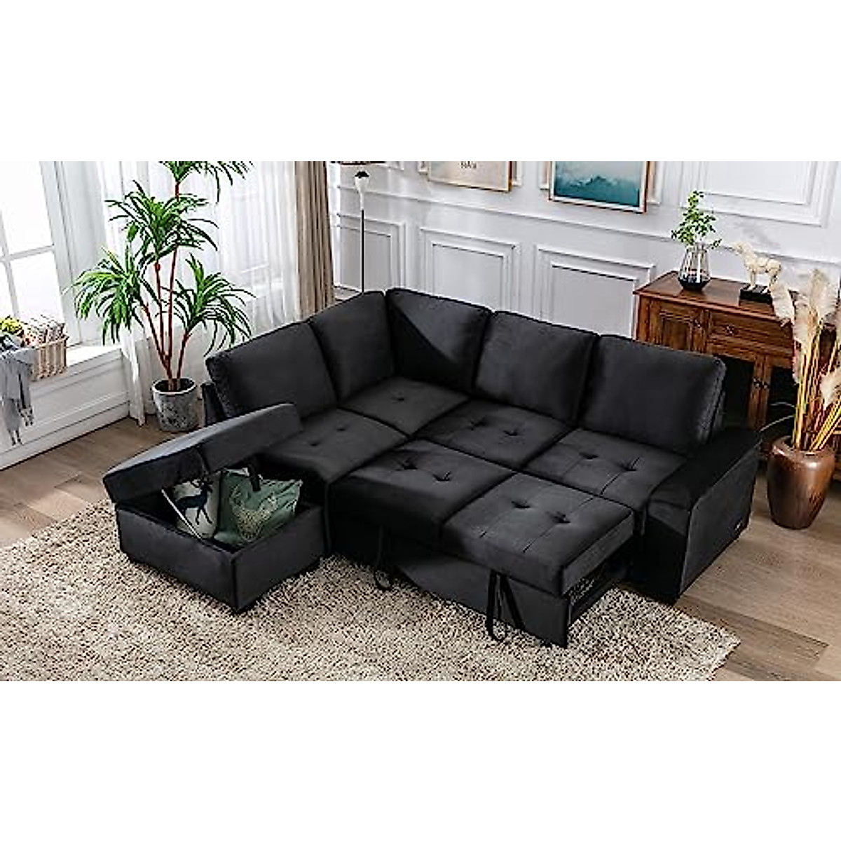 L-Shaped Corner Sleeper Sectional Sofa W/ Pull Out Cozy Sleep Couch Bed, Modern Practical Sectional & Sofa with Storage Ottoman ,Hidden Arm Storage and USB Charge for Home Apartment Living Room Sets